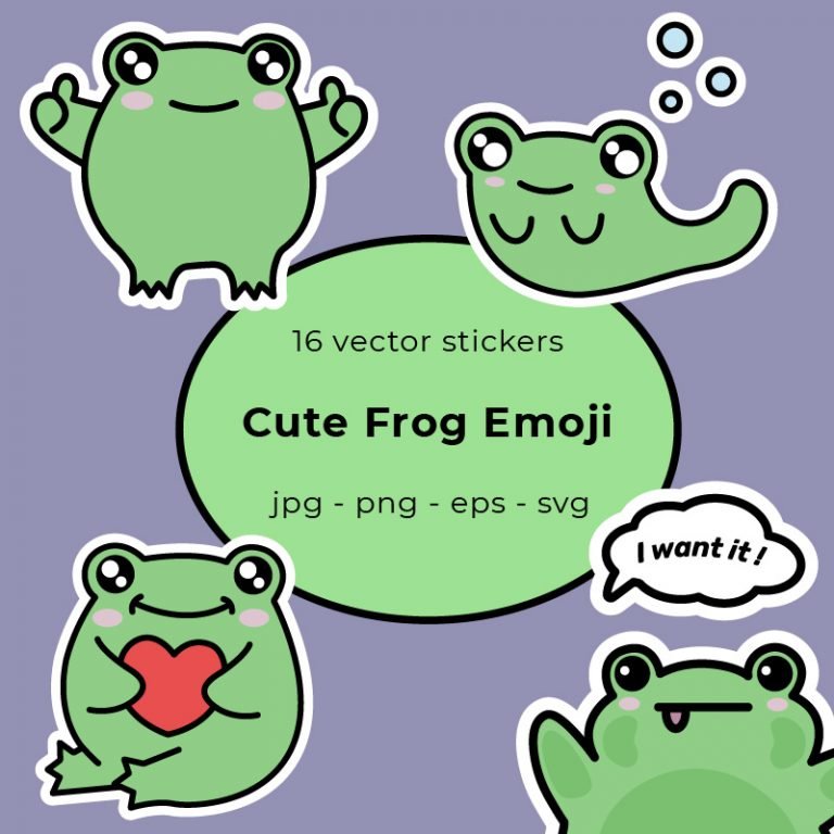 Frog Stickers. 16 Vector Emoji Stickers with Cute Frog | Master Bundles