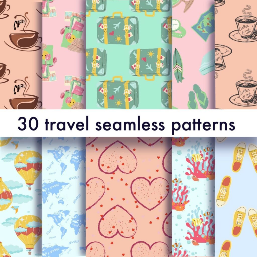 30 lovely travel seamless patterns - MasterBundles