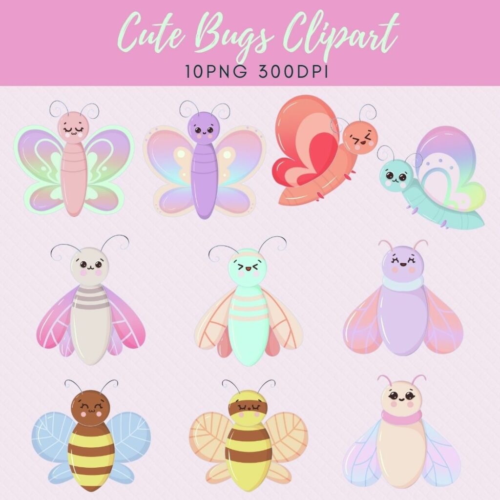 Cute Kawaii Bugs clipart - 10 PNG - MasterBundles