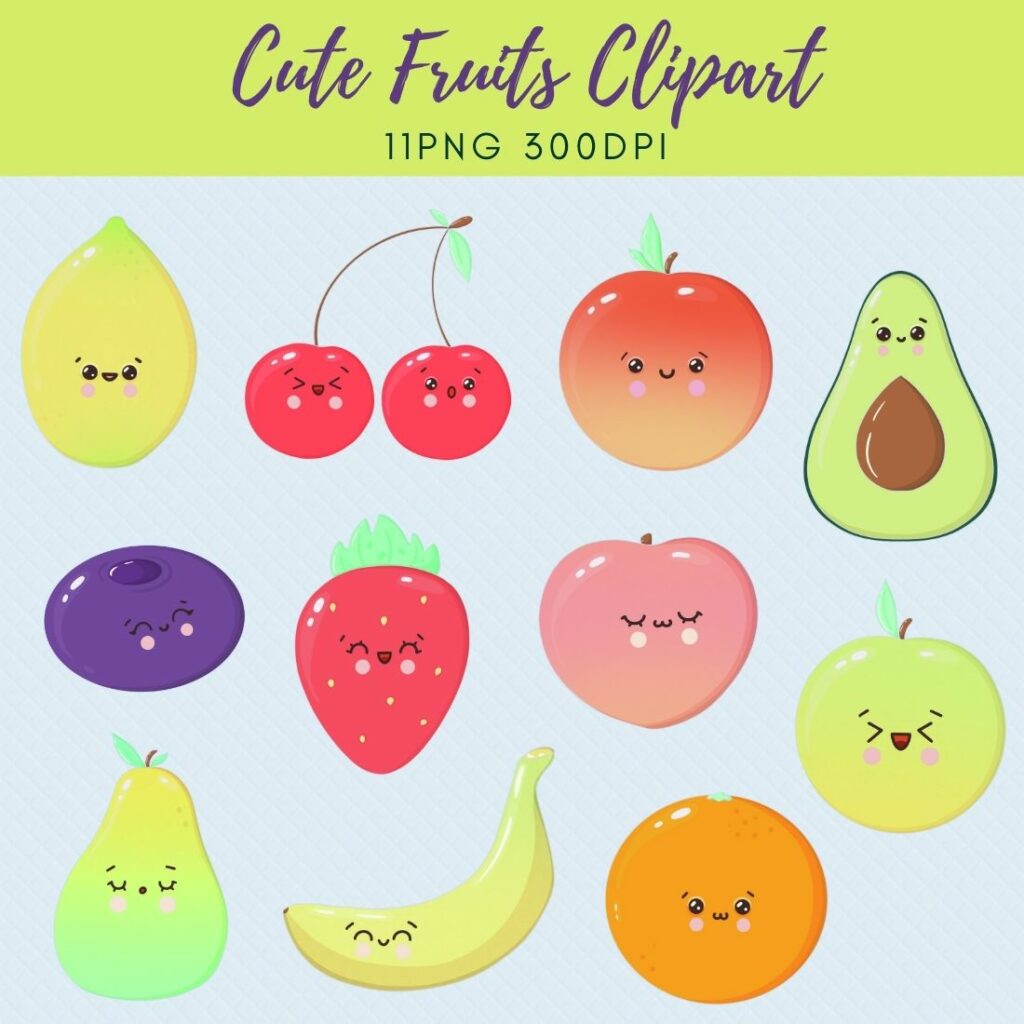 Kawaii Fruits Cute Clipart - 11 PNG - MasterBundles