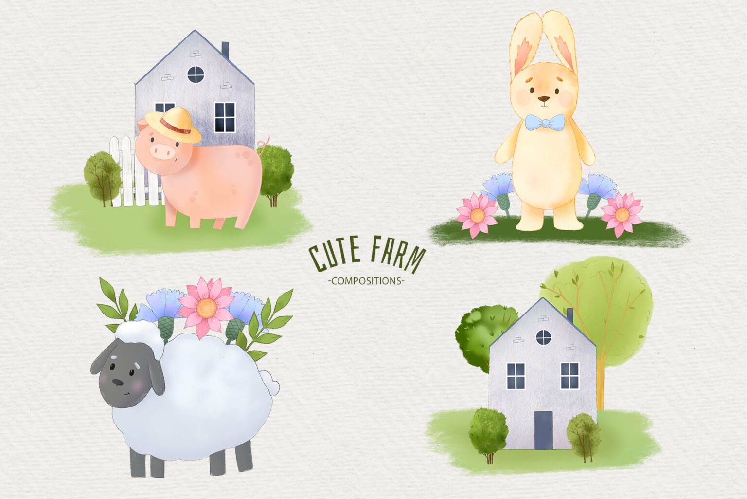 Cute farm collection of elements and compositions - MasterBundles