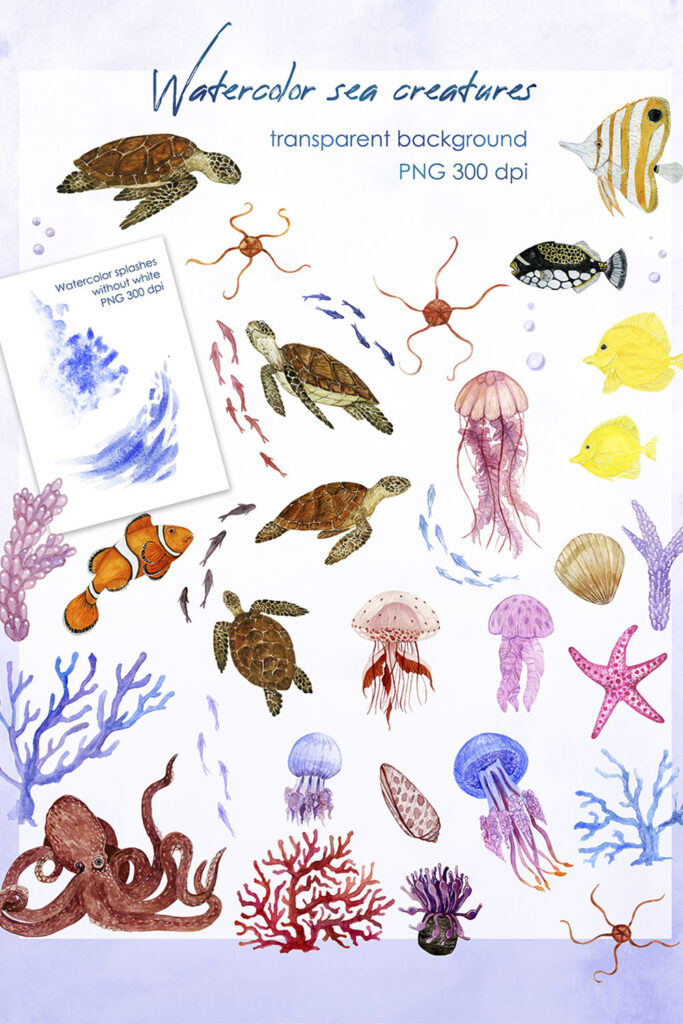 Watercolor sea creatures watercolor cliparts - MasterBundles