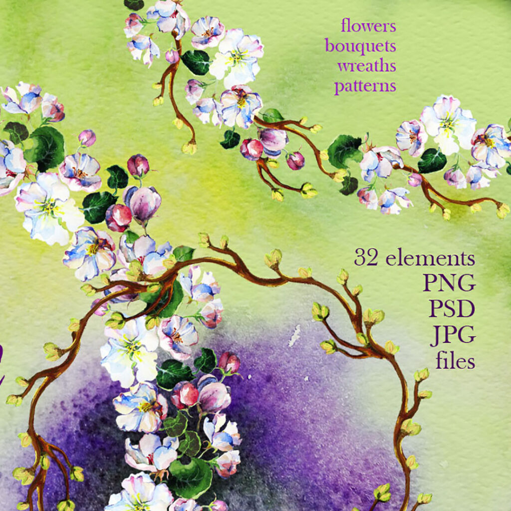 Apple blossom watercolor Clip Art - MasterBundles