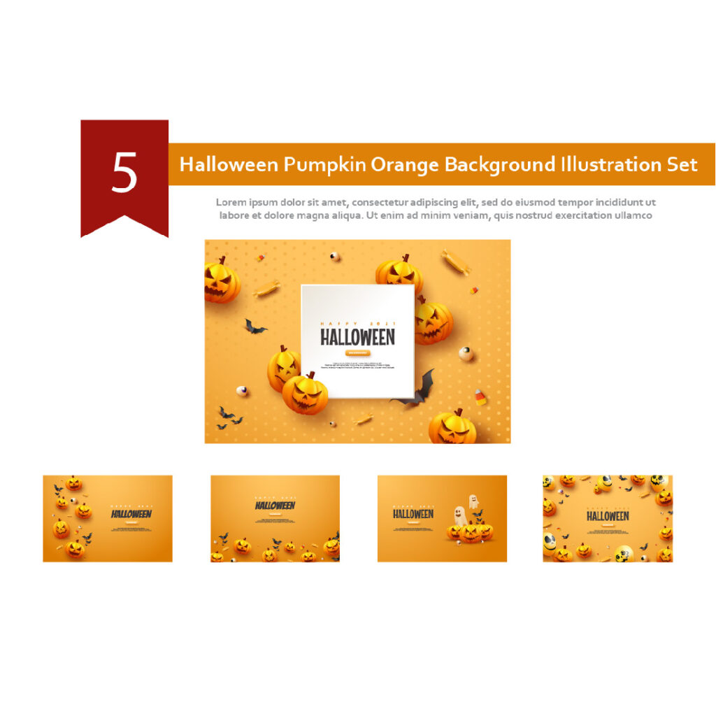 5 Halloween Pumpkin Orange Background Illustration Set - MasterBundles