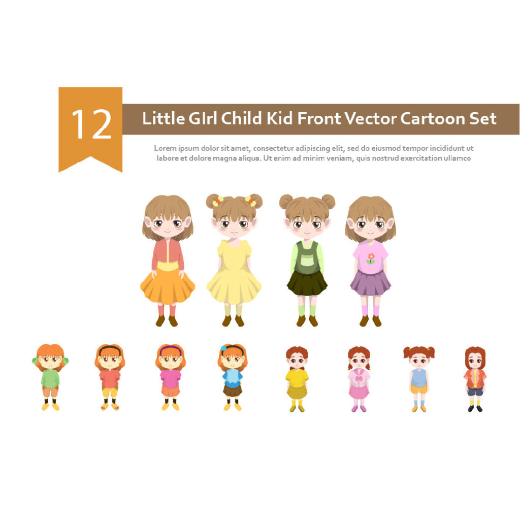 12 Little GIrl Child Kid Front Vector Cartoon Set - MasterBundles