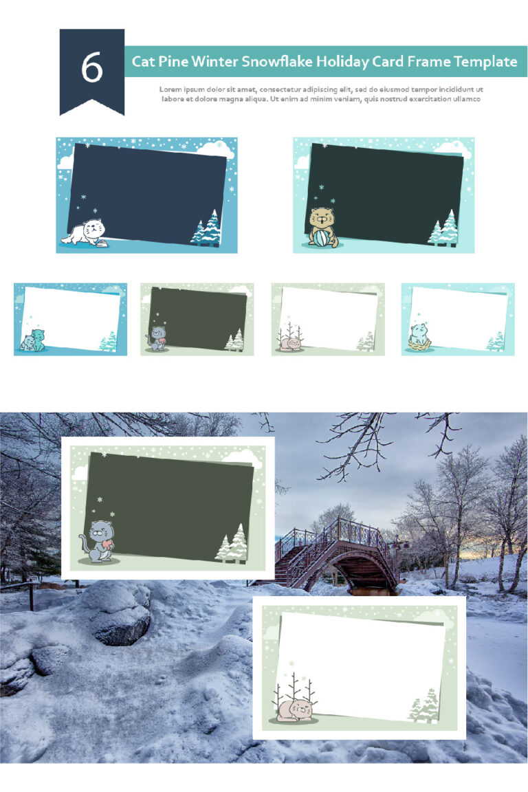 6 Cat Pine Winter Snowflake Holiday Card Frame Template - MasterBundles