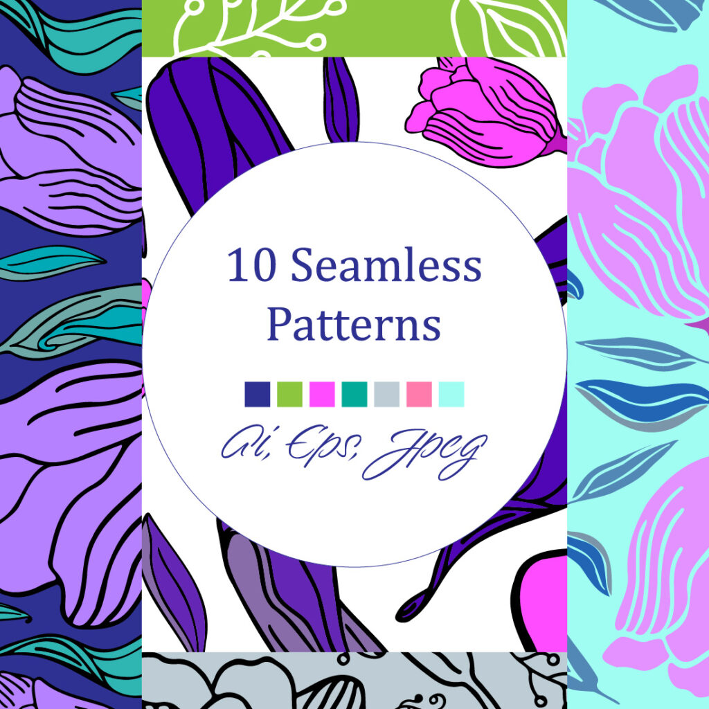 10 seamless hand draw linear patterns with leaves and tulips ...