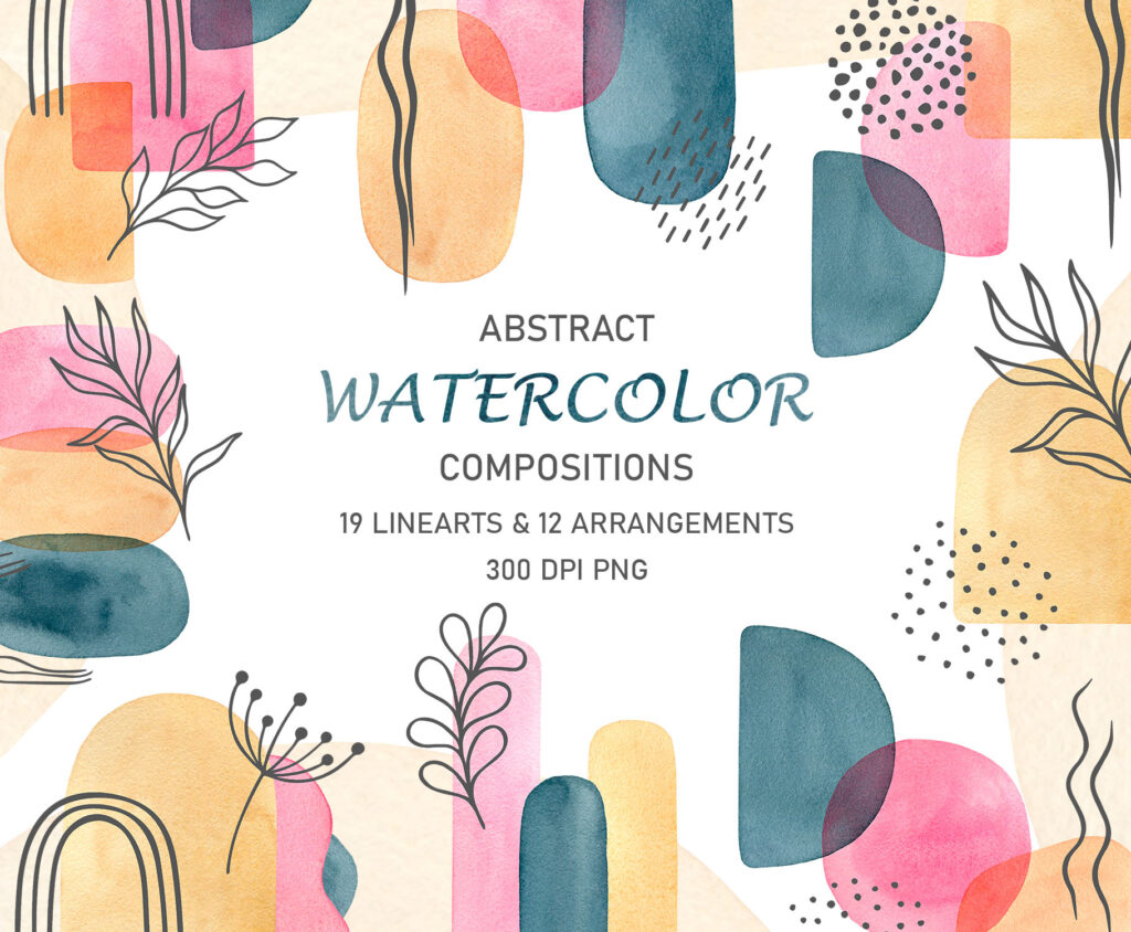 Watercolor abstract shapes and hand drawn vector linearts - MasterBundles
