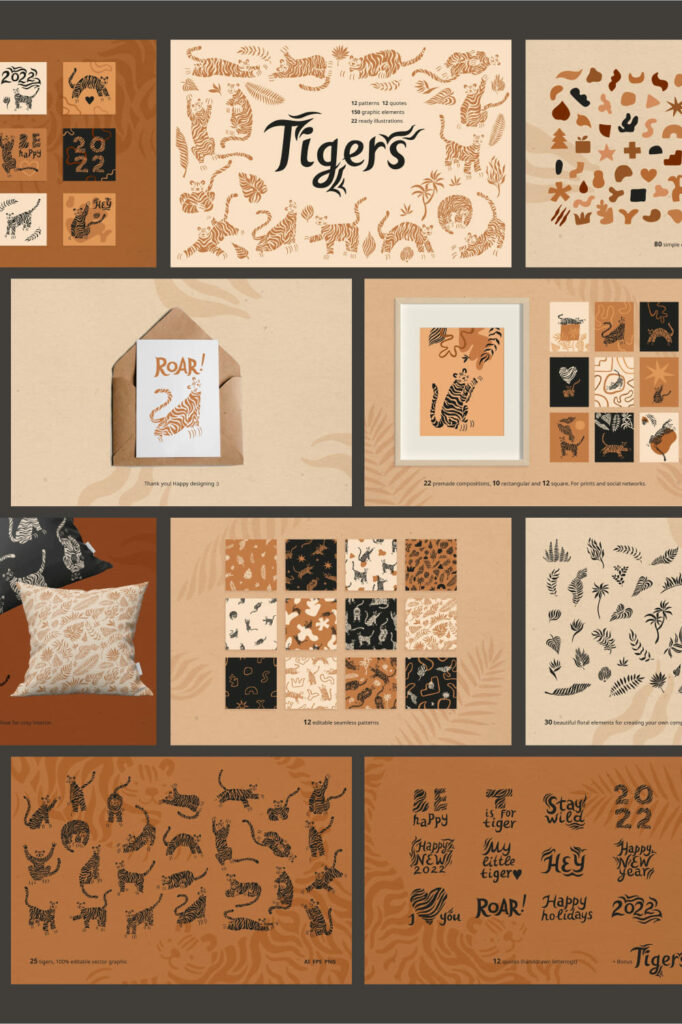 Tiger Set. Vector Elements, Patterns – MasterBundles