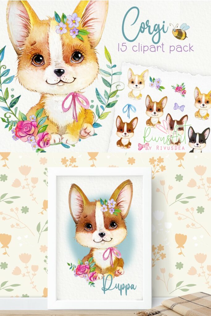 Cute Corgi PNG Sublimation design Download. Dachshund puppy digital ...