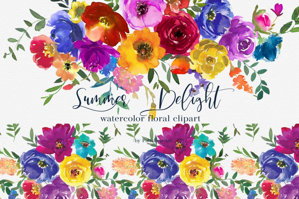 Watercolor Bold Colors Floral Clipart Collection - MasterBundles