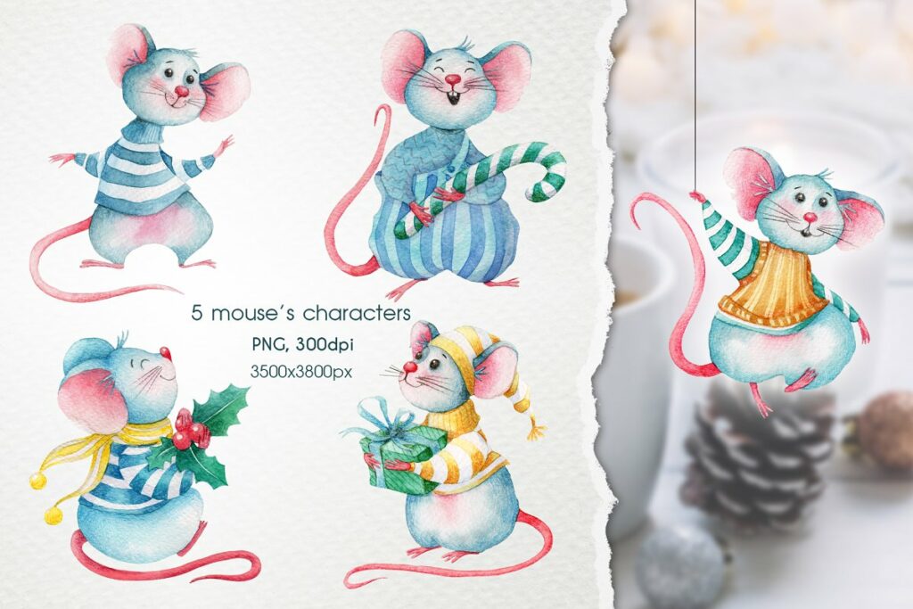 Watercolor Christmas Mice Clip Art – MasterBundles