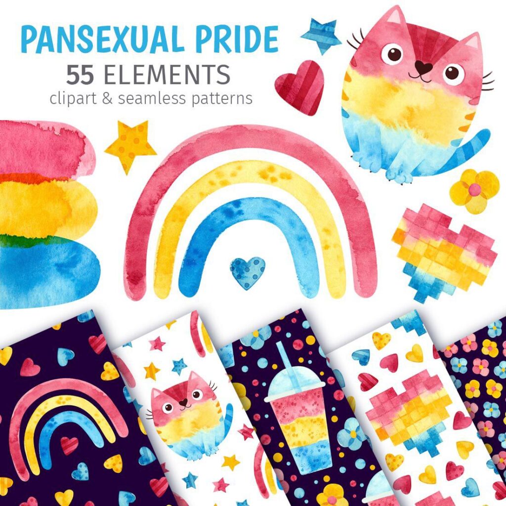 Pansexual pride watercolor clipart & seamless patterns. LGBTQIA pride ...