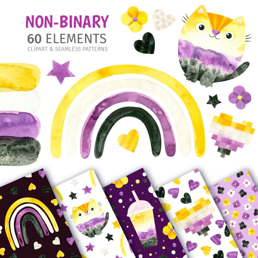 Non-binary pride clipart & seamless patterns. LGBTQ pride watercolor ...