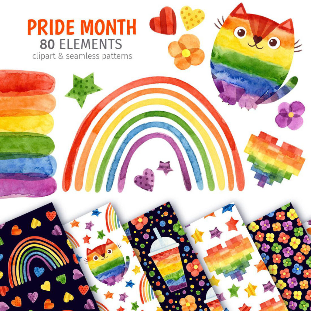 LGBT pride month clipart & seamless patterns. LGBTQ flags, Watercolor ...