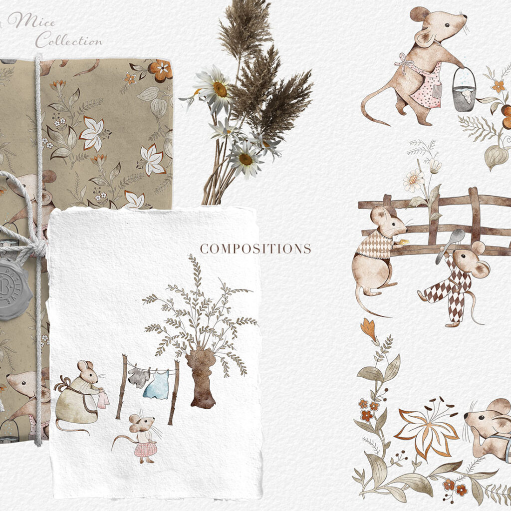 Watercolor Spring Cleaning Cute Mice Nursery Art Collection - MasterBundles