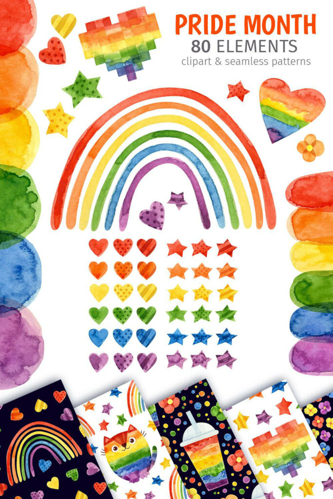 LGBT pride month clipart & seamless patterns. LGBTQ flags, Watercolor ...
