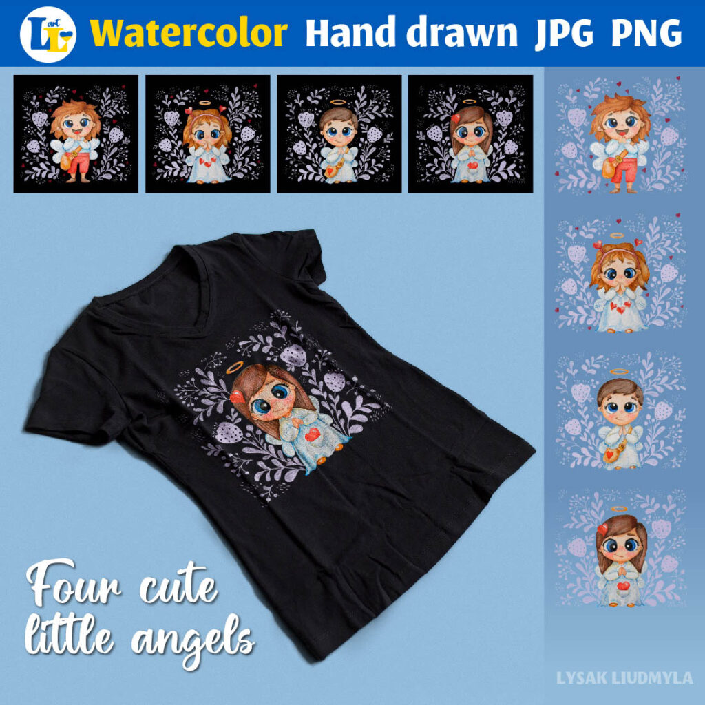 Watercolor illustration Four cute little angels. “I’m from Ukraine ...