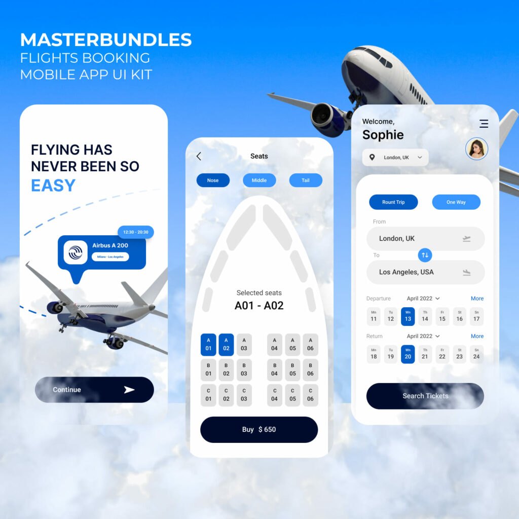 Flights Booking Mobile App UI Kit – MasterBundles