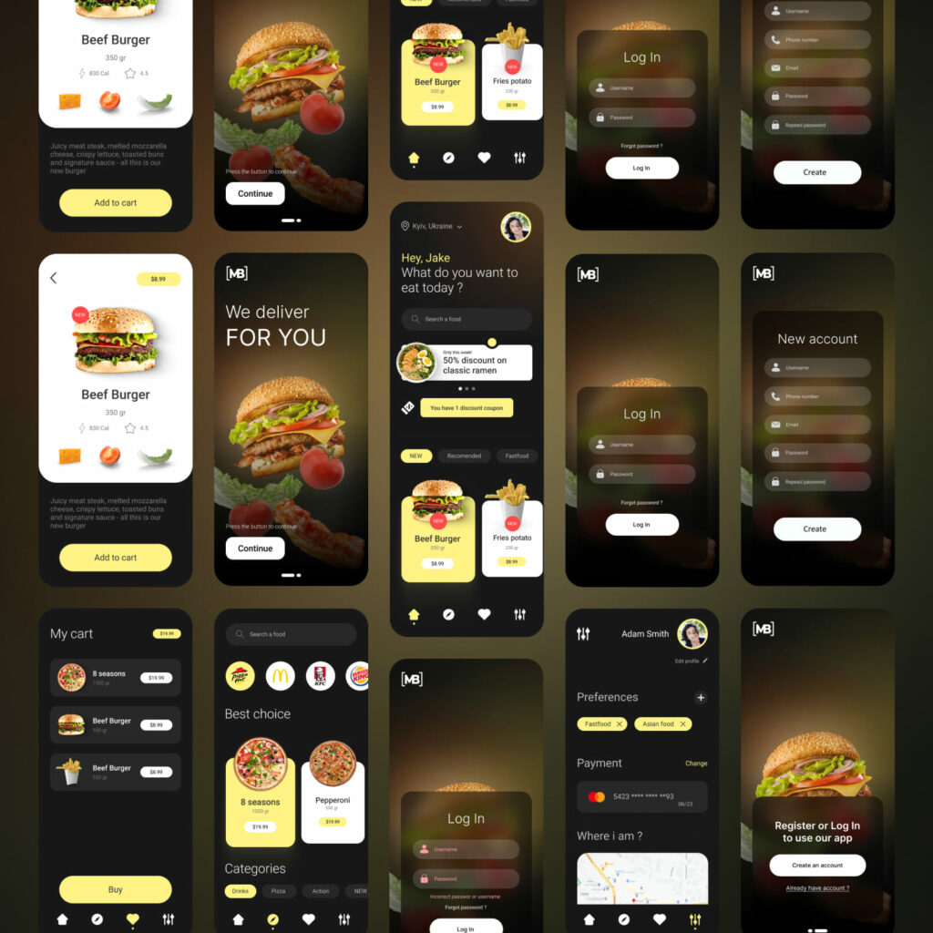 Dark Style Food App UI Kit – MasterBundles