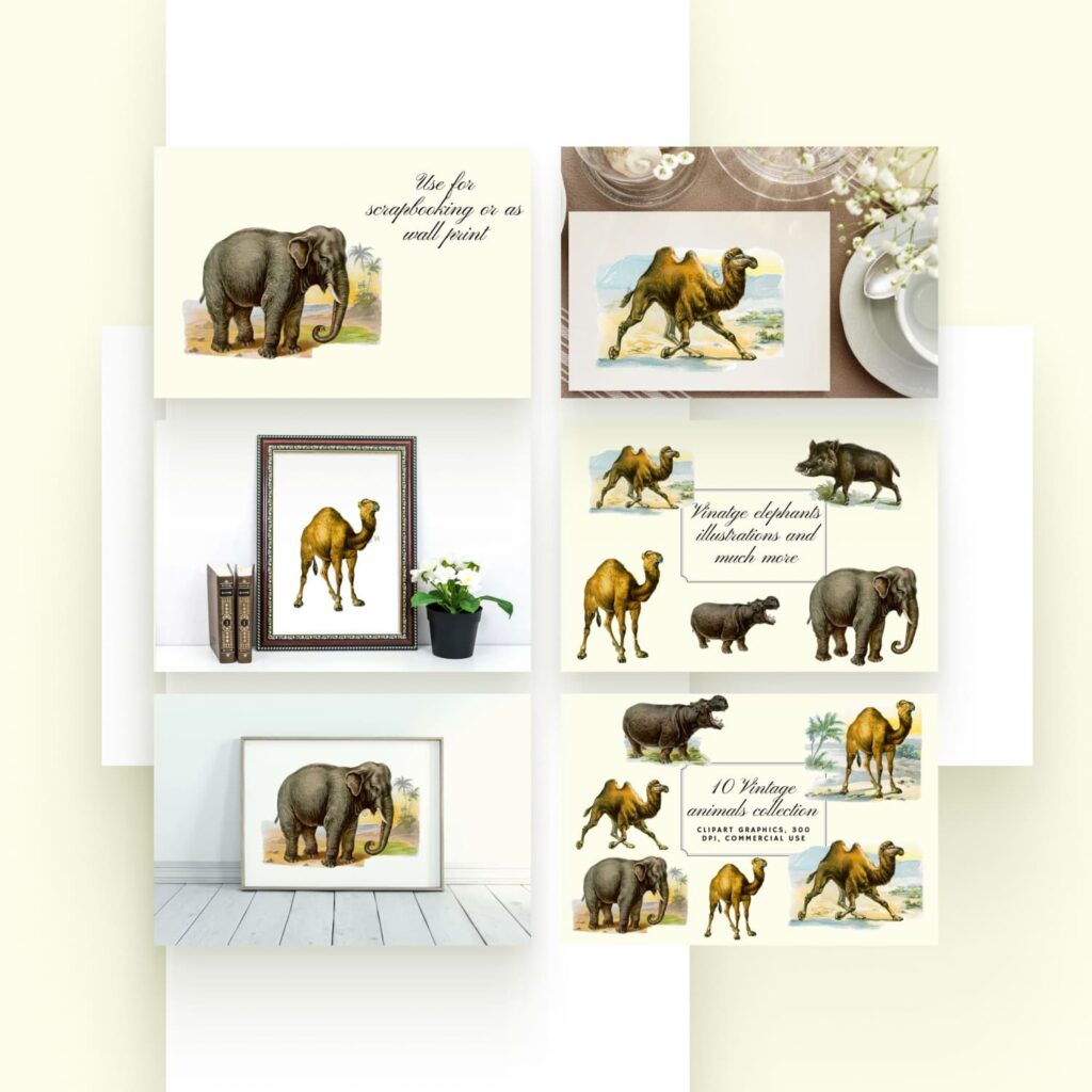 Antique Animal Clipart Set, Vintage Elephant Clipart Graphic ...