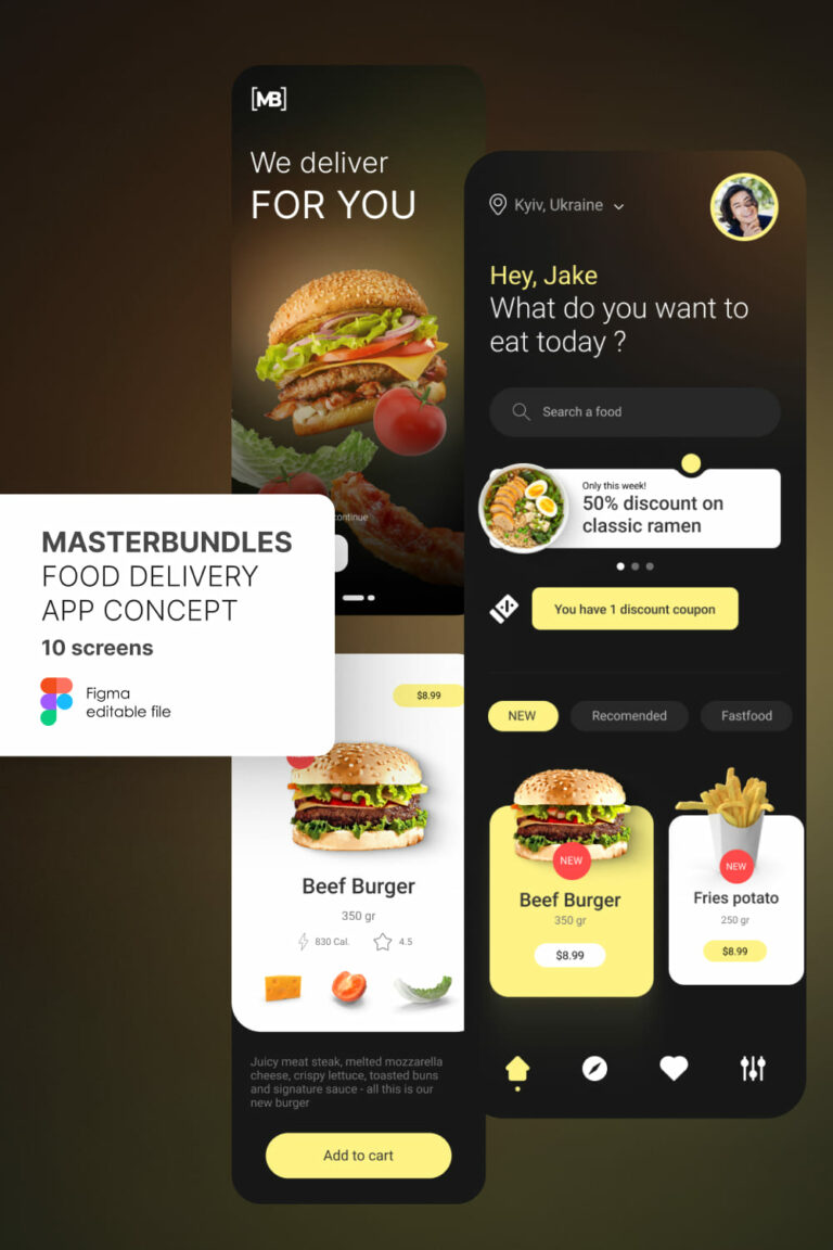 Dark Style Food App UI Kit – MasterBundles