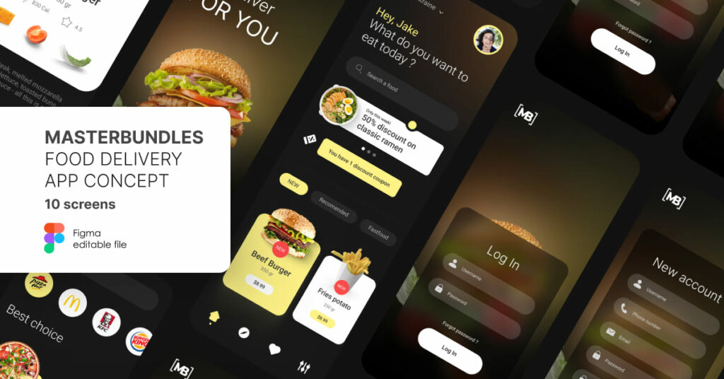 Dark Style Food App UI Kit – MasterBundles