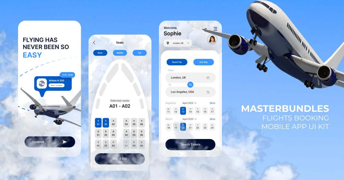 Flights Booking Mobile App UI Kit – MasterBundles