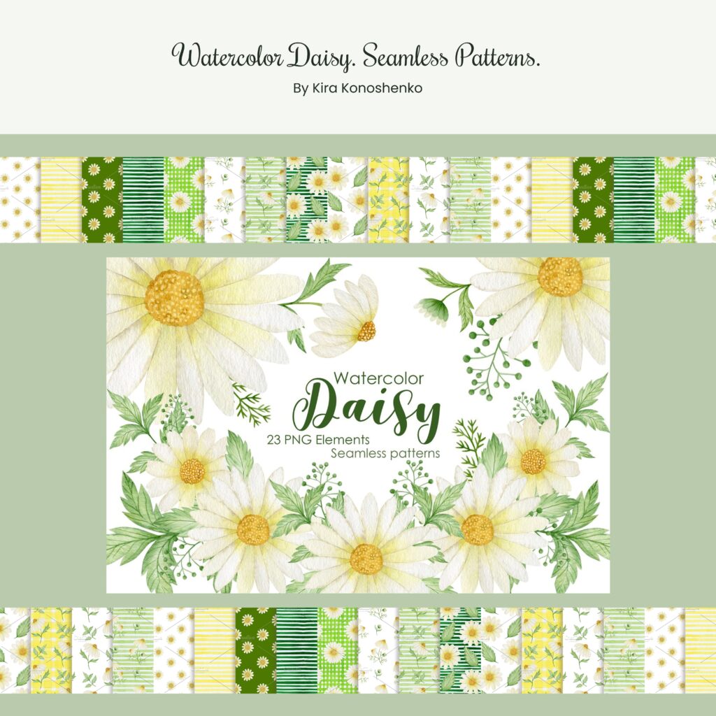 Watercolor Ink Doodle Daisy Flower Pattern Papers | MasterBundles