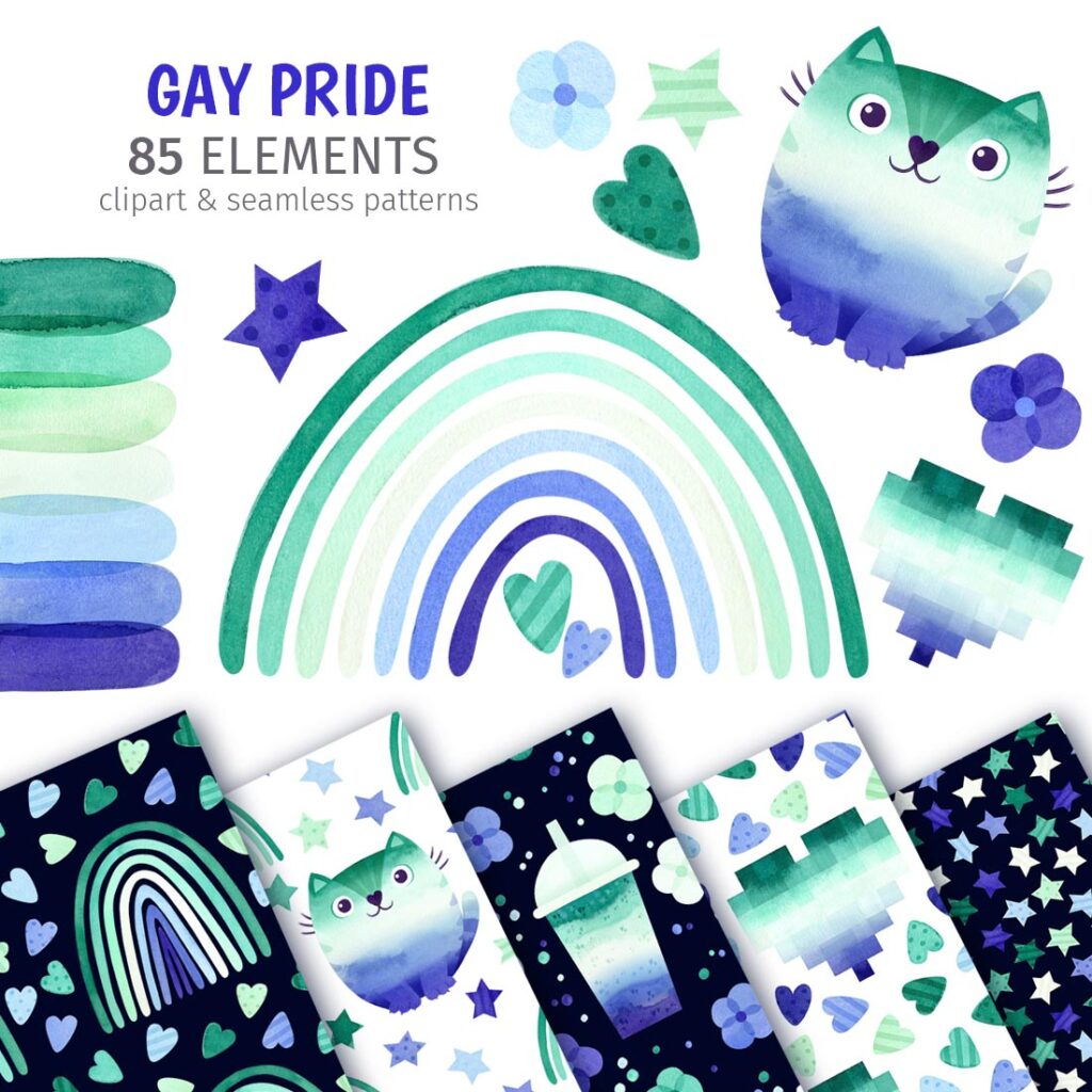Gay pride watercolor clipart & seamless patterns. Gender Queer clip art ...