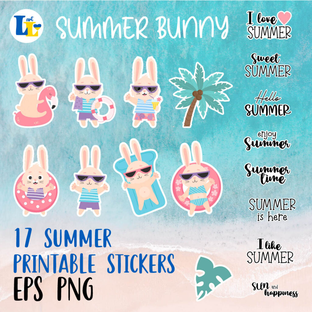 Summer Stickers Beach Bunny And Summer Slogan Digital Stickers