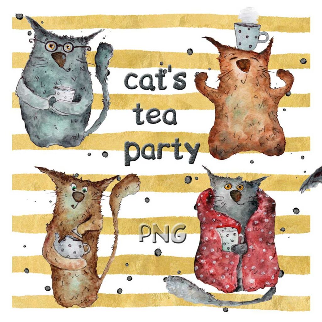Tea party with cute cats clip art watercolor - MasterBundles