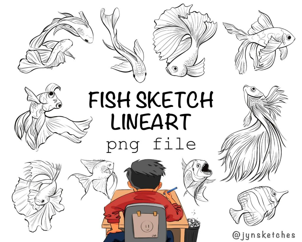 Detailed Fish Line Art Clipart Black and White PNG, SVG – MasterBundles