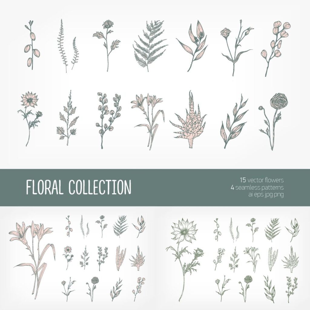 Hand Drawn Flowers Set and Seamless – MasterBundles