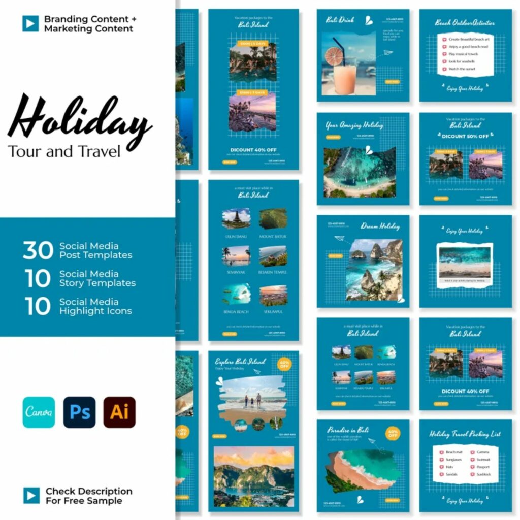 Instagram Marketing Templates Holiday Vacation Tour and Travel Canva ...