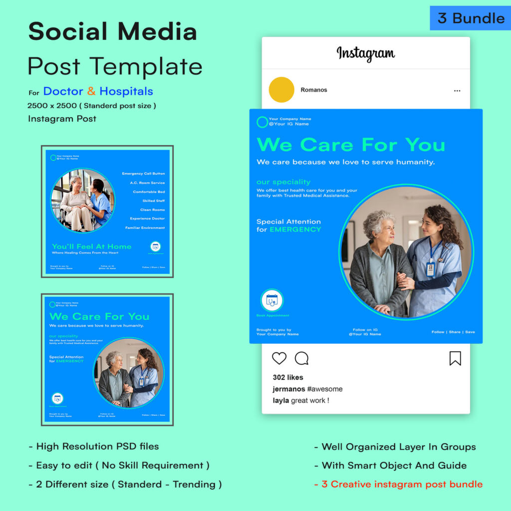 3 doctor / hospital Creative instagram post templates - MasterBundles