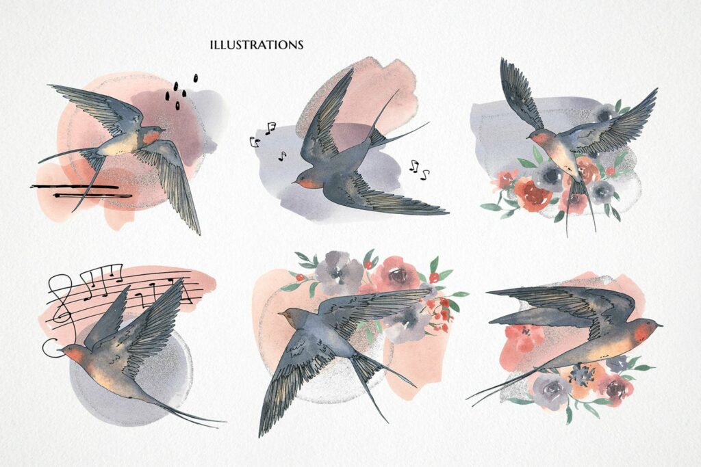 Watercolor Floral Bird Clipart, Flying Swallow, Flowers PNG – MasterBundles