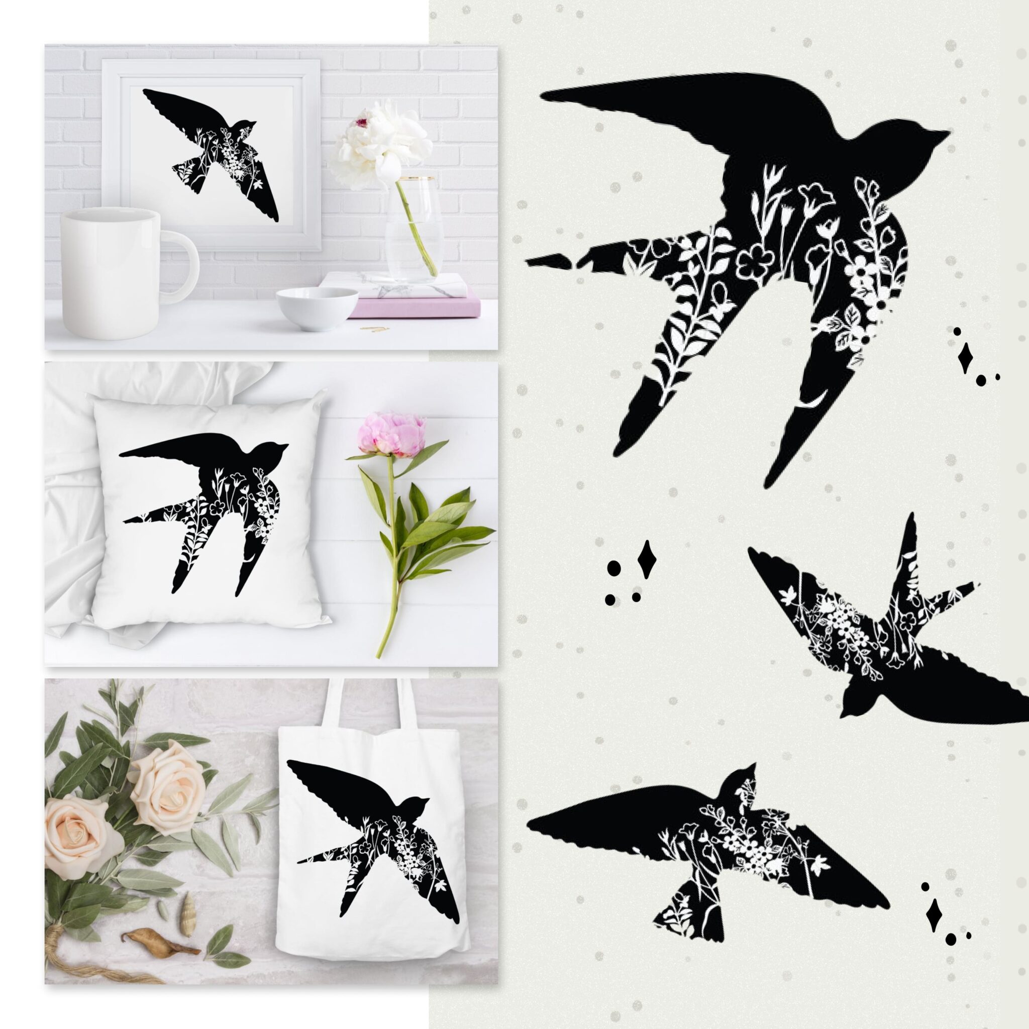 Floral Bird SVG, Swallow Bird Floral SVG, Floral Bird Clipart ...