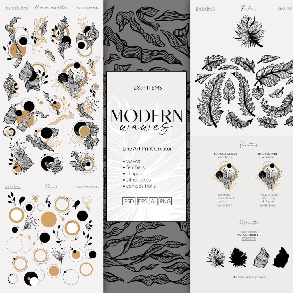 Black Feathers Stencil Boho Line Art | Master Bundles