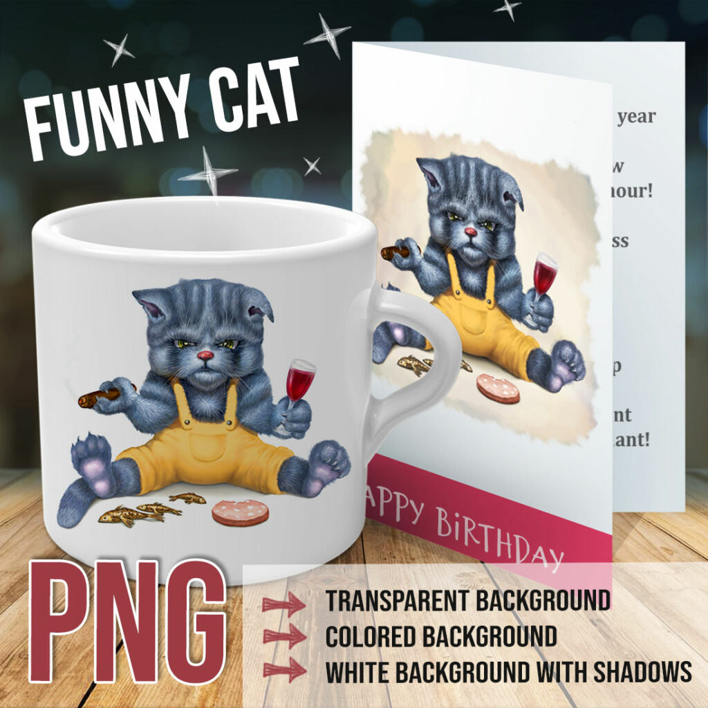 Character cat with a cigar and wine for decoration and design ...