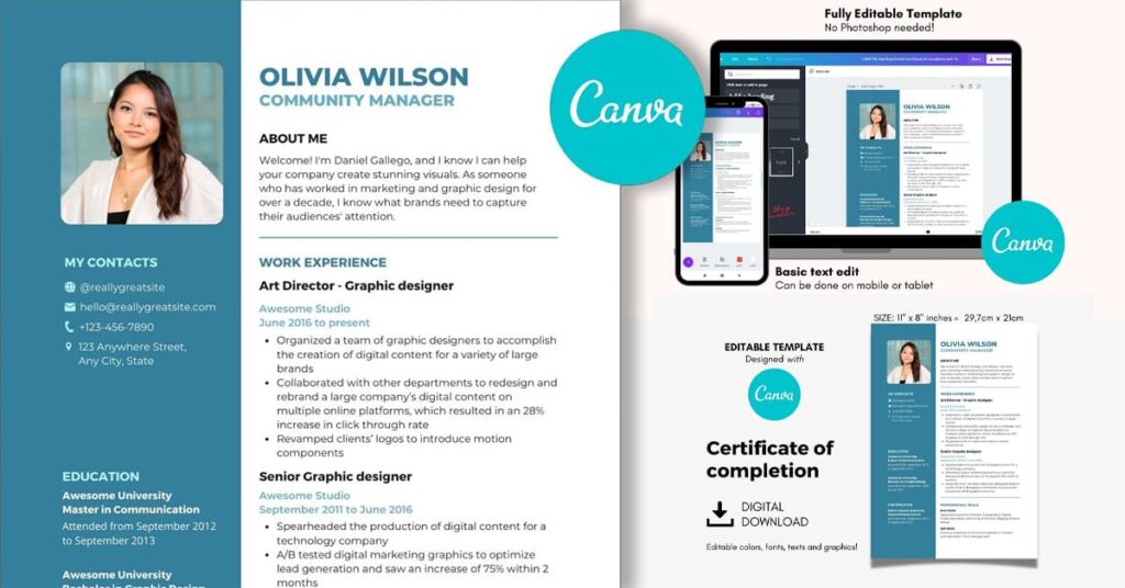 Resume Canva Template, Printable A4 – MasterBundles