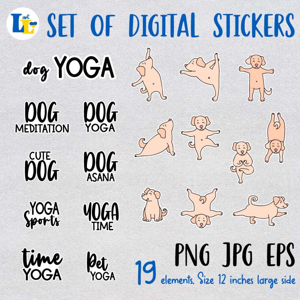 Yoga time Bundle of Digital stickers Yoga pets, cute dogs - MasterBundles