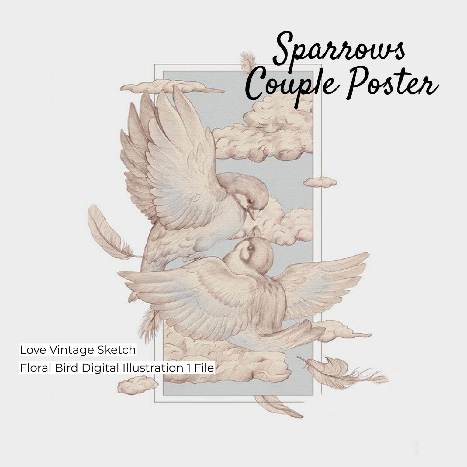 Sparrows Couple Poster. Love Vintage Sketch Print PNG – MasterBundles