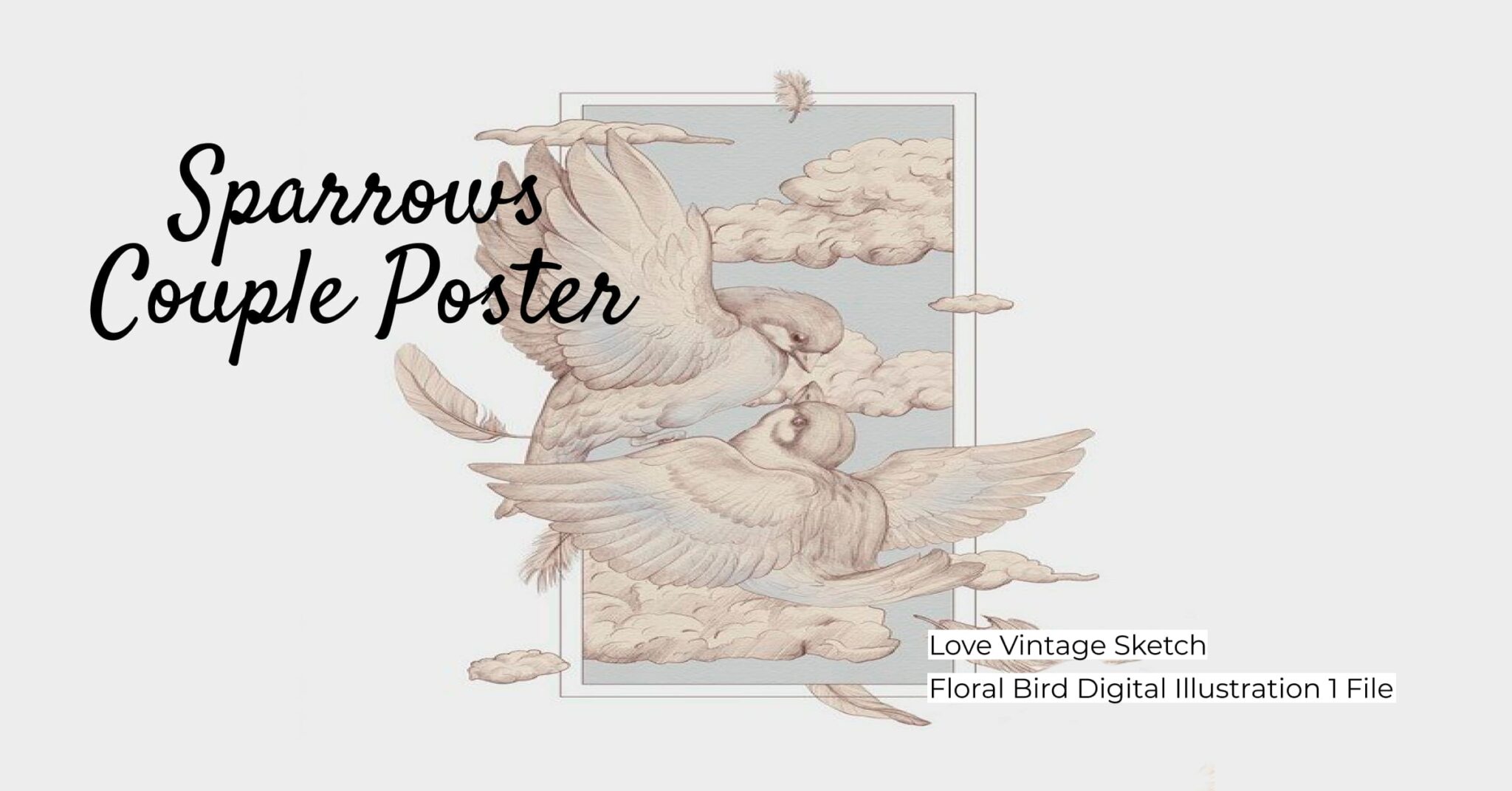 Sparrows Couple Poster. Love Vintage Sketch Print PNG – MasterBundles