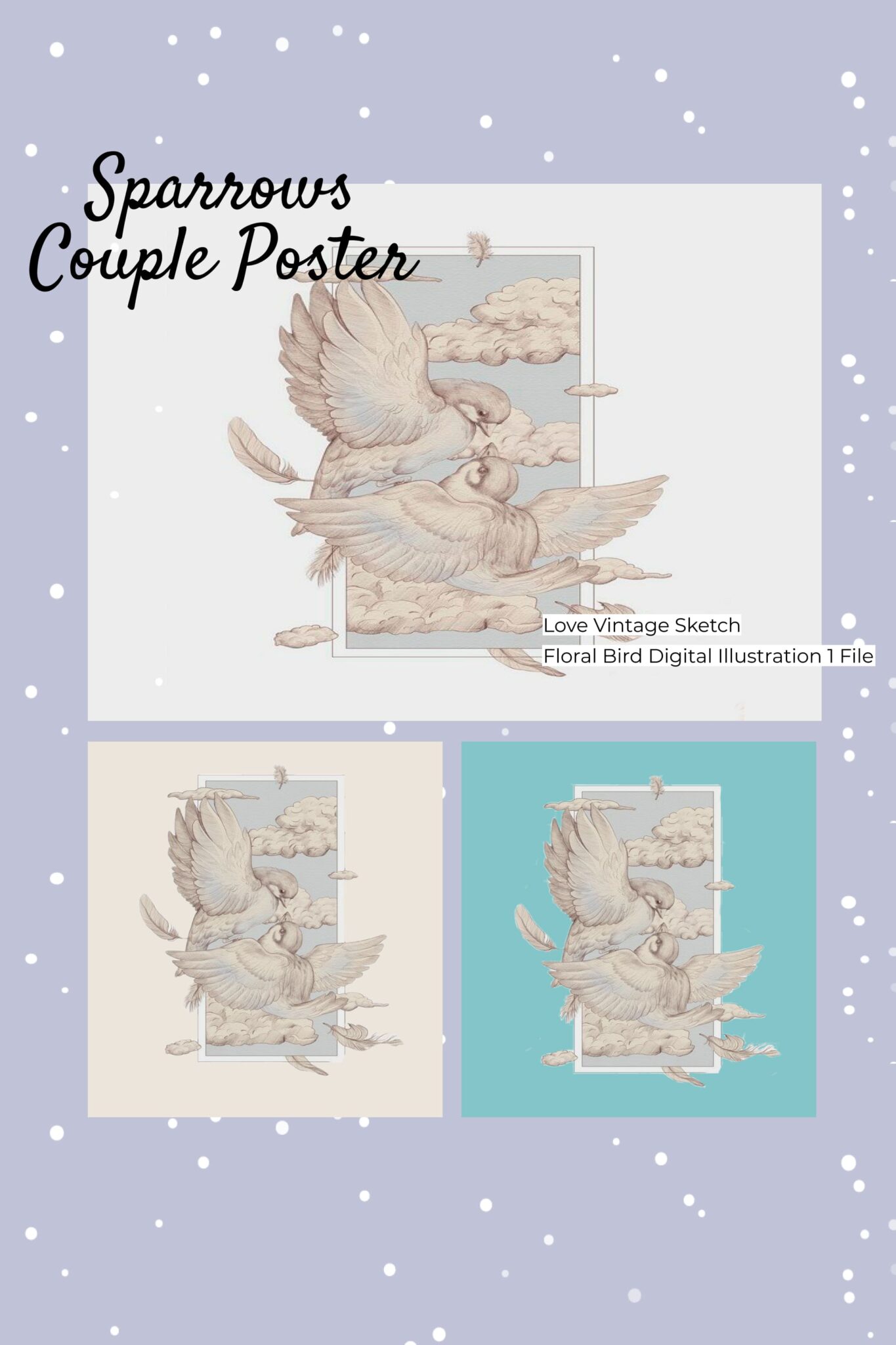 Sparrows Couple Poster. Love Vintage Sketch Print PNG – MasterBundles