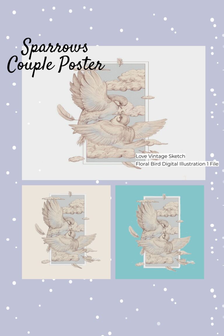 Sparrows Couple Poster. Love Vintage Sketch Print PNG – MasterBundles