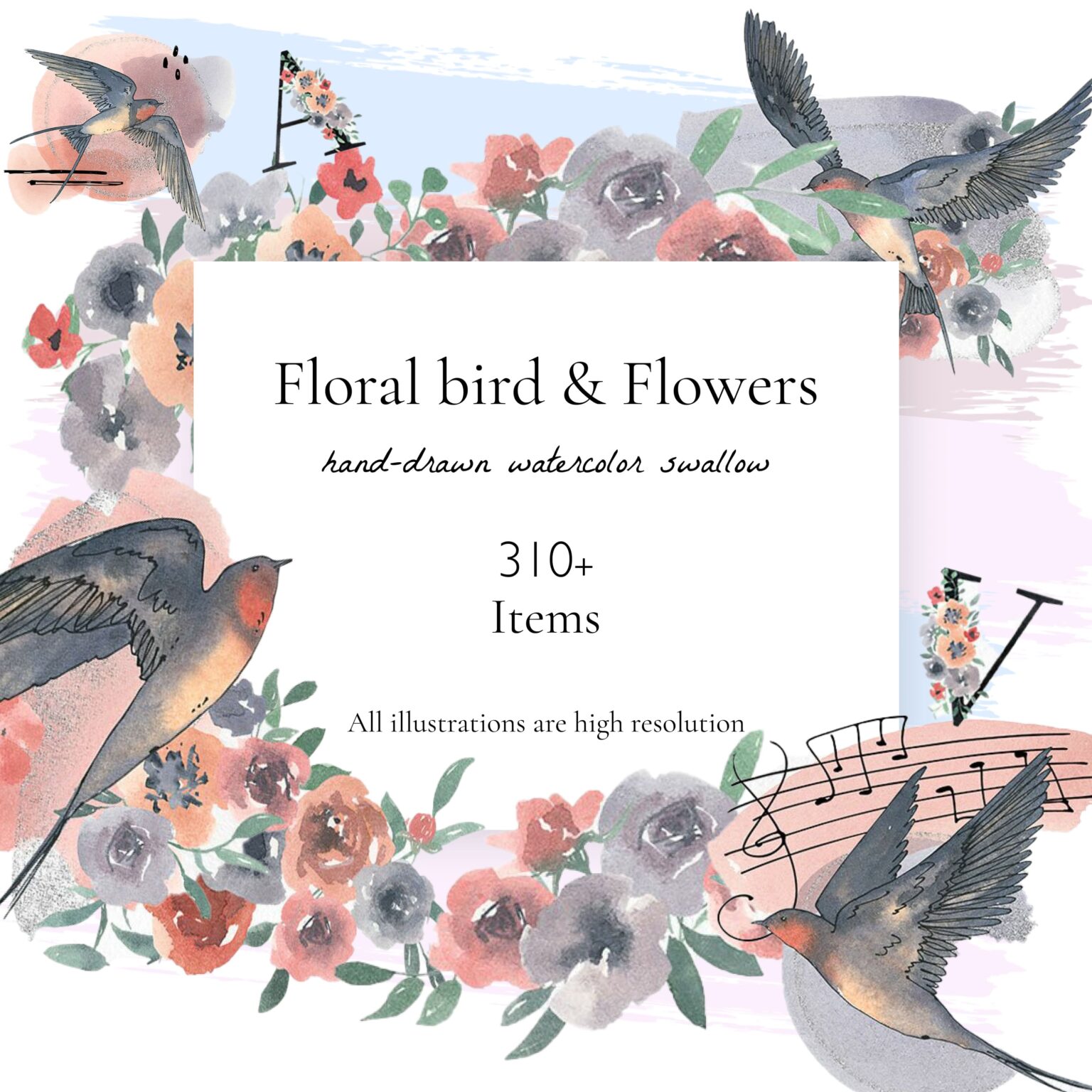 Watercolor Floral Bird Clipart, Flying Swallow, Flowers PNG – MasterBundles
