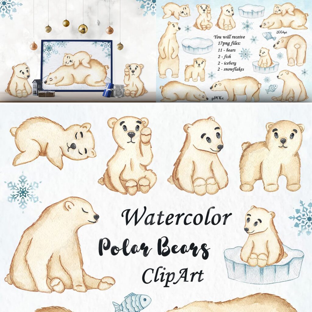Watercolor Polar Bears Clipart – MasterBundles