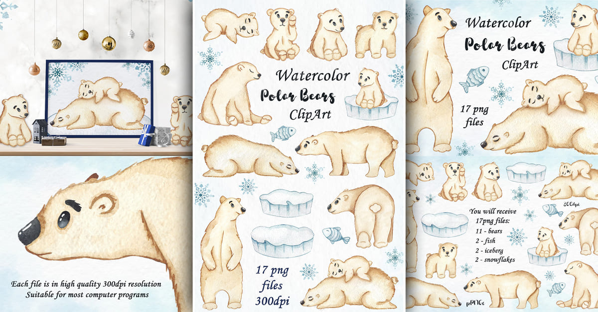Watercolor Polar Bears Clipart – MasterBundles
