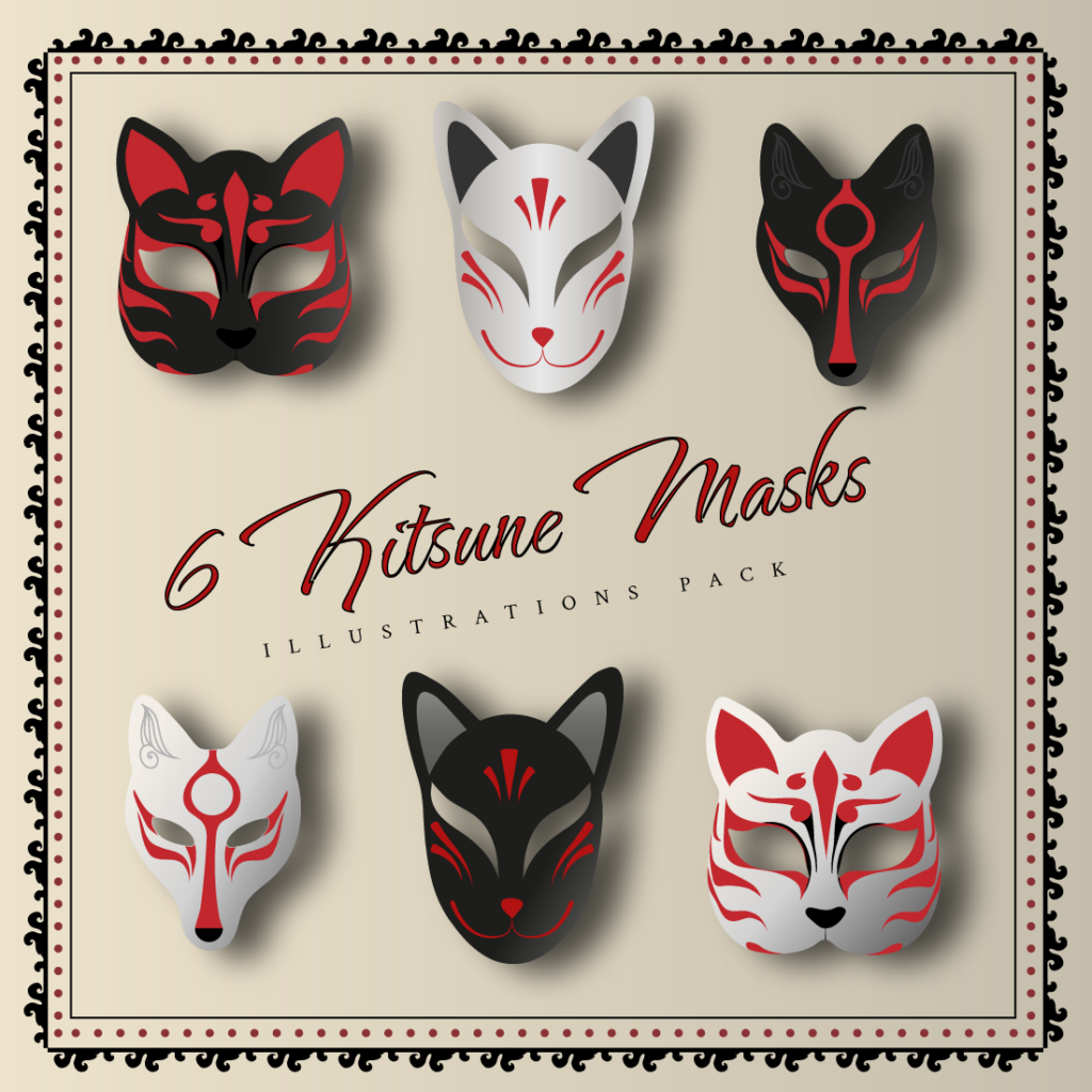 6 Kitsune Fox Masks Illustrations Pack [Sphinx Creatus] - MasterBundles